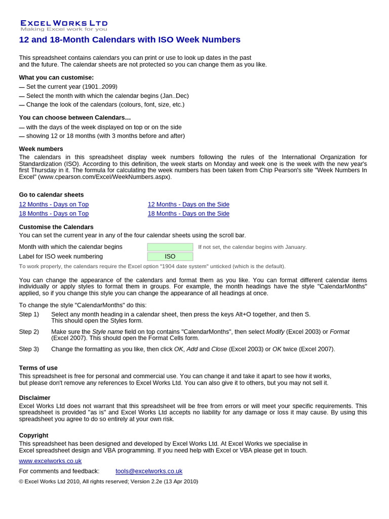12 and 18-Month Calendars With ISO Week Numbers: What You Can Customise ...