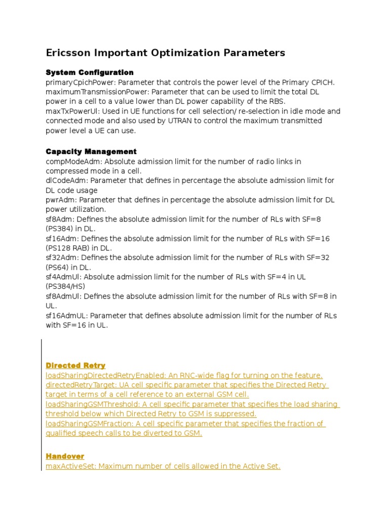 Ericsson Important Optimization Parameters | PDF | High Speed Packet Access | Electronics