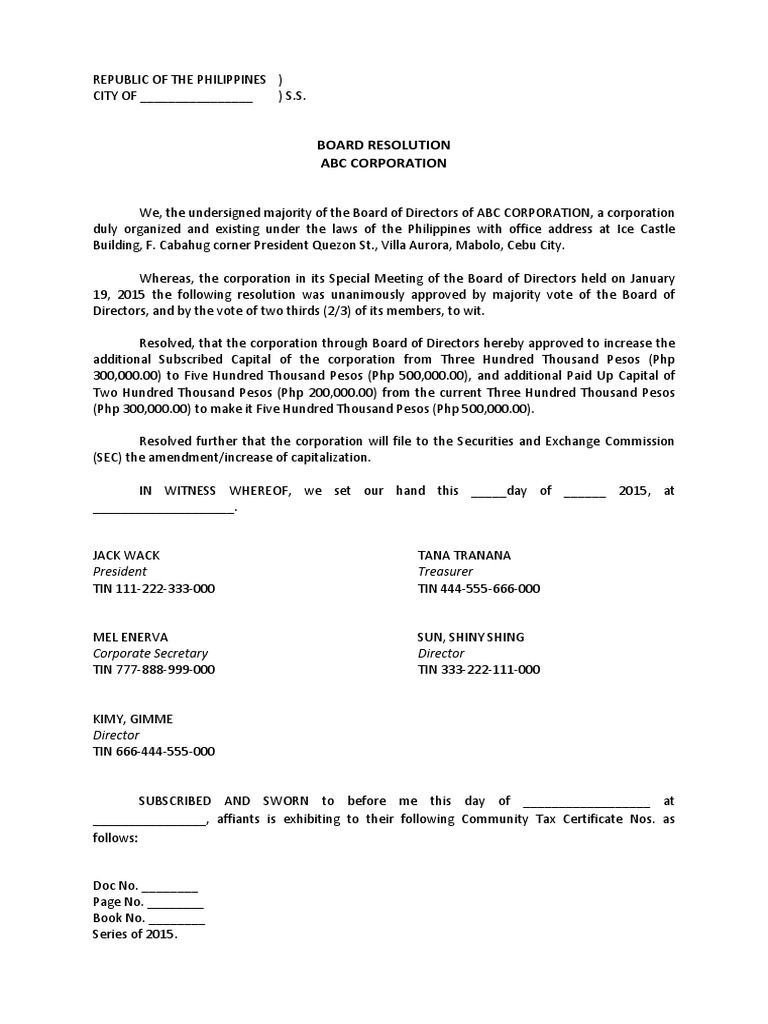 Board Resolution on Increase of Capital | Board Of Directors | Companies