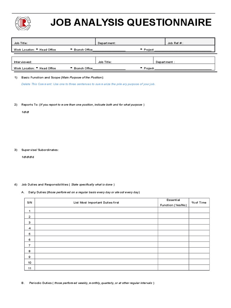 Job Analysis Questionnaire Template | PDF | Academic Degree | Doctor Of ...