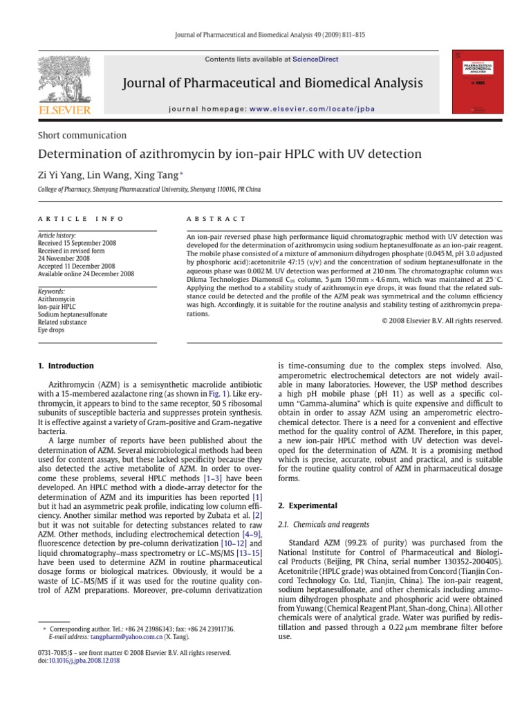 Determination of Azithromycin by Ion-Pair HPLC With UV Detection | PDF ...