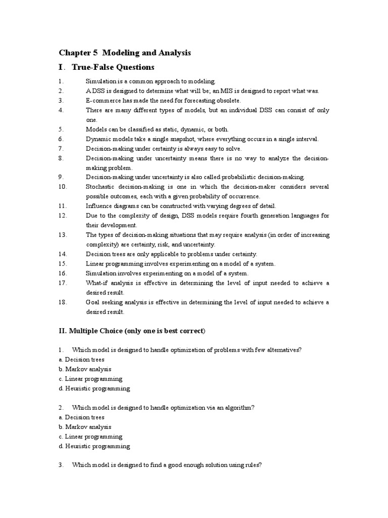 Chapter 5 Modeling and Analysis I True-False Questions: II. Multiple Choice (Only One Is Best ...