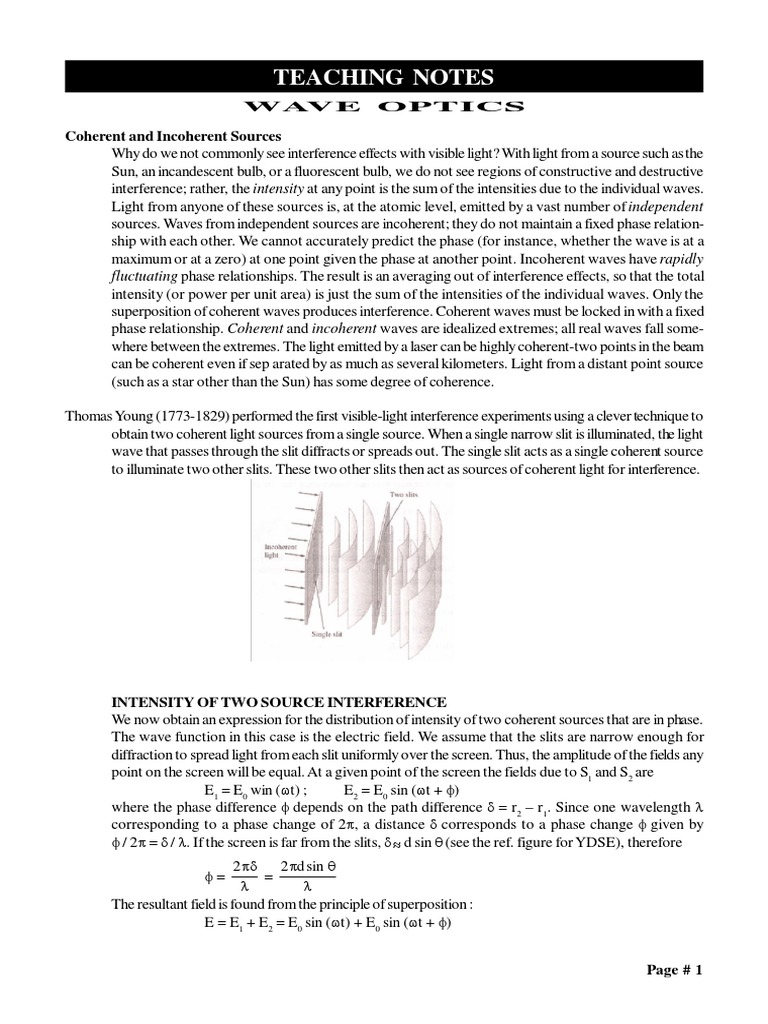 Wave Optics: Interference and YDSE Insights | PDF | Coherence (Physics ...
