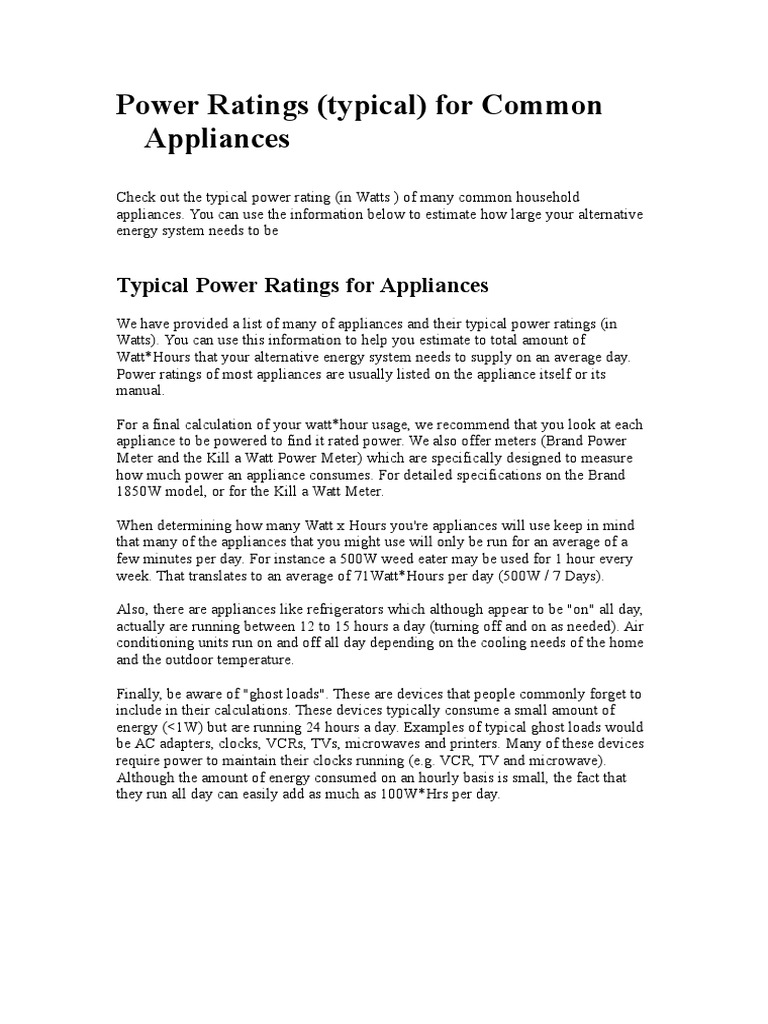Typical Power Ratings For Appliances | PDF | Home Appliance | Air ...