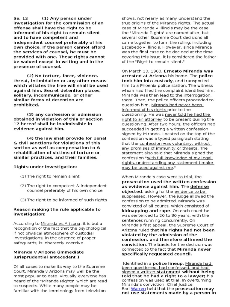 Miranda Doctrine Cases | PDF | Miranda Warning | Confession (Law)