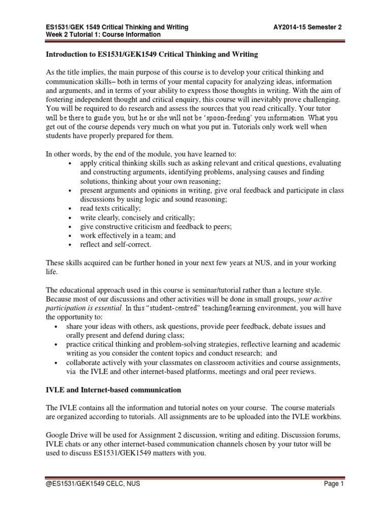 Introduction To ES1531/GEK1549 Critical Thinking and Writing | PDF | Plagiarism | Academic ...