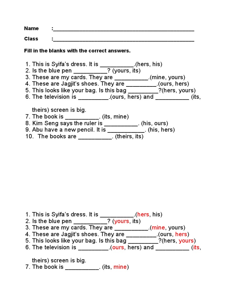 Pronoun Fill-in-the-Blank Worksheet | PDF