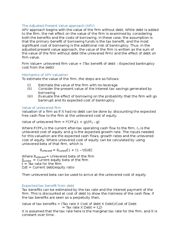 The Adjusted Present Value Approach (APV) | PDF | Cost Of Capital | Debt