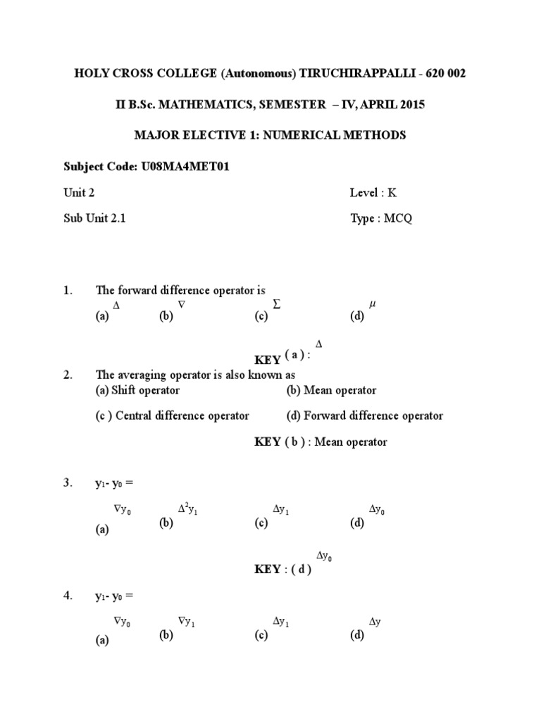 Numerical Methods Multiple Choice Questions and Practice Problems on Difference Operators | PDF ...