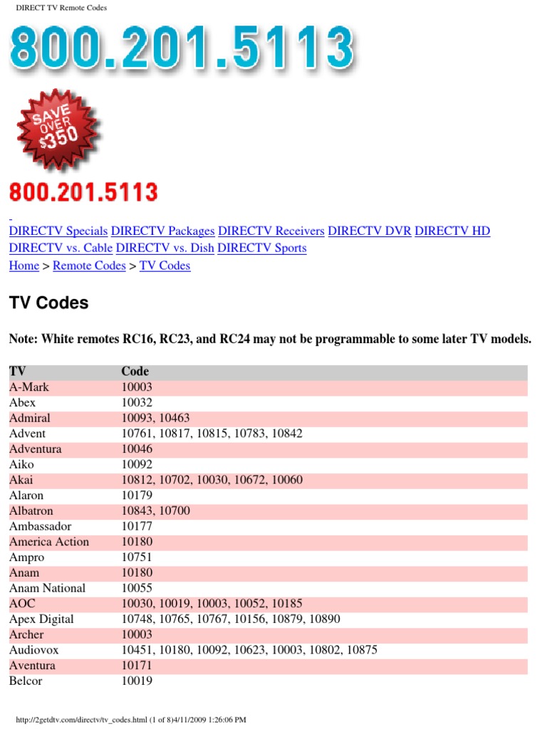 Direct TV Remote Codes | PDF | Direc Tv | Satellite Television