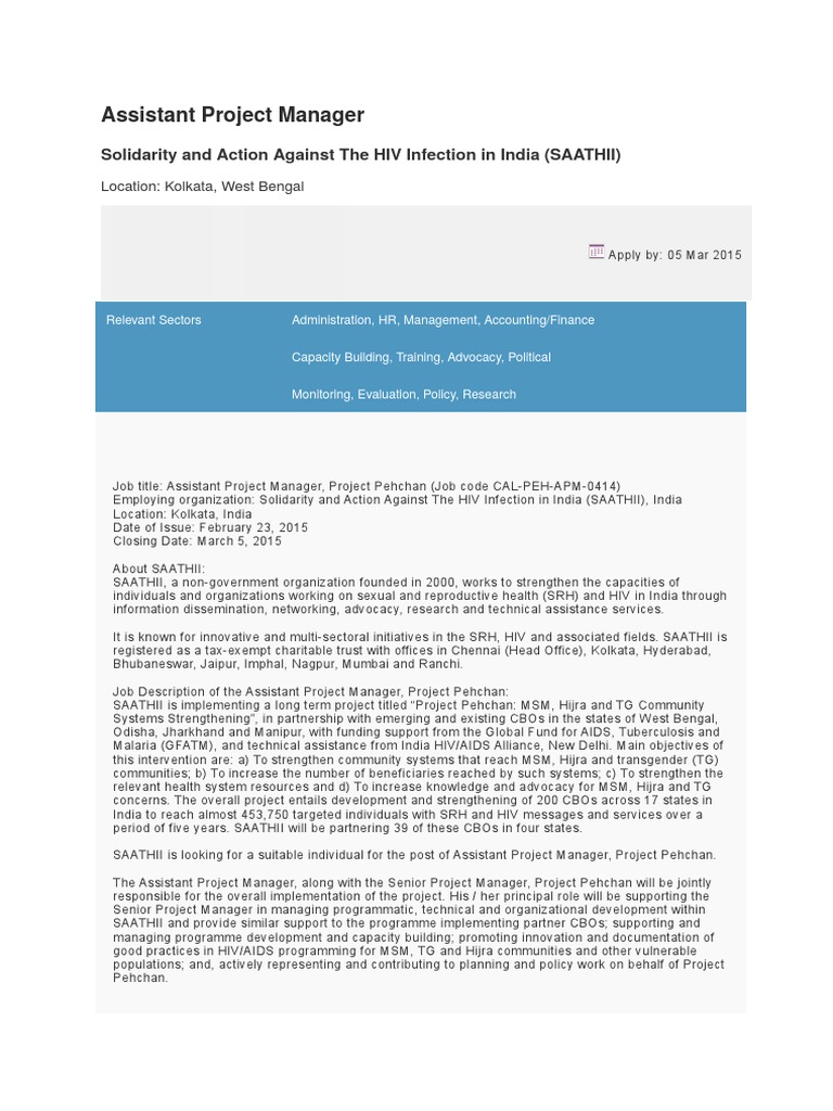 Assistant Project Manager | PDF | Capacity Building | Aids