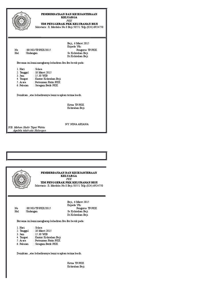 Contoh Undangan PKK | PDF