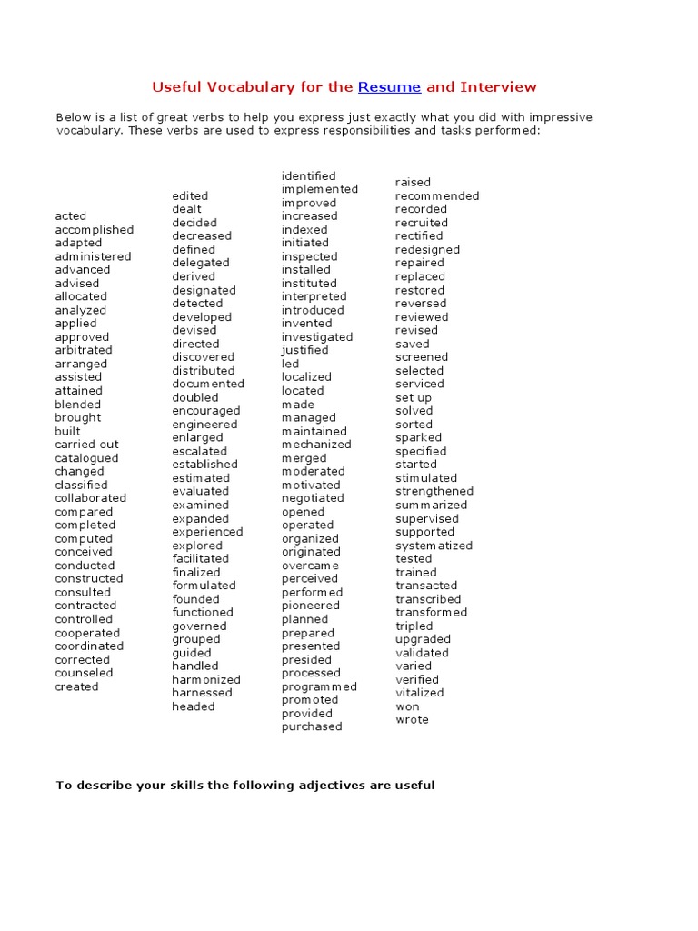 Useful Vocabulary For The Resume and Interview | PDF | Résumé | Job ...