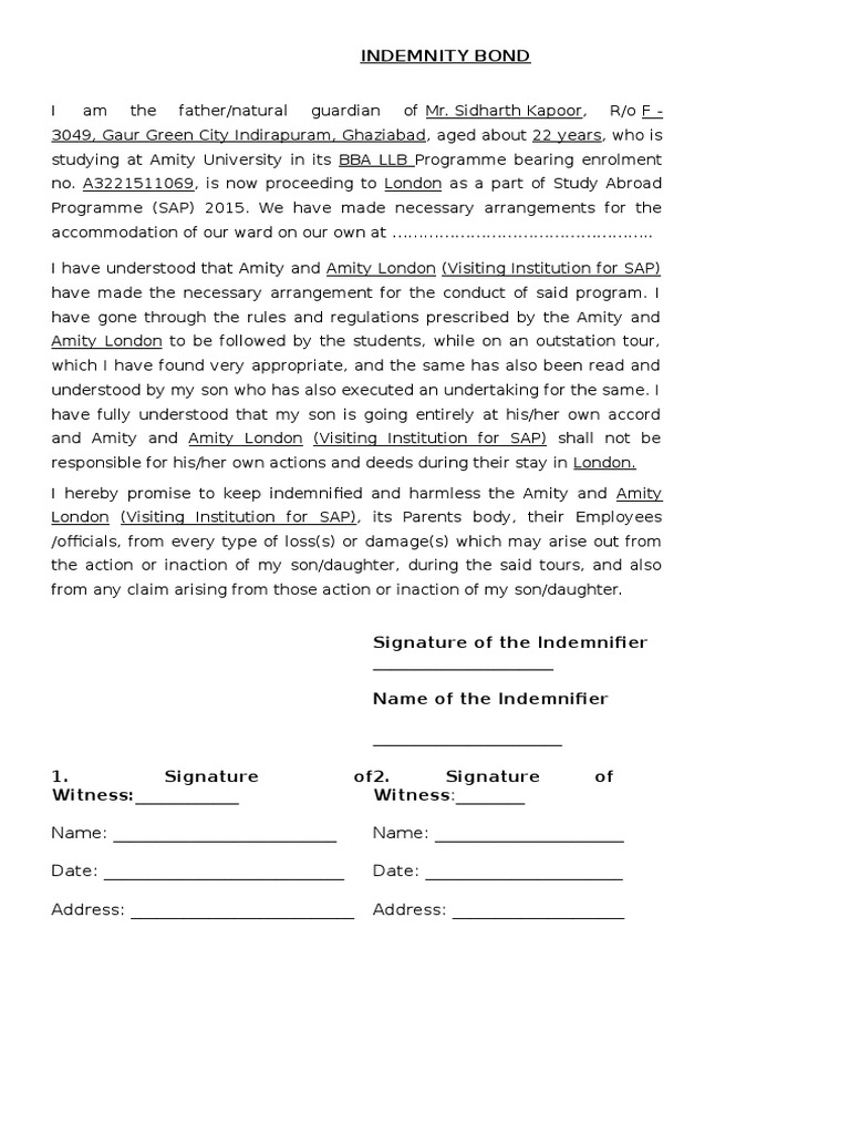 Indemnity Bond | PDF | Indemnity | Government Information
