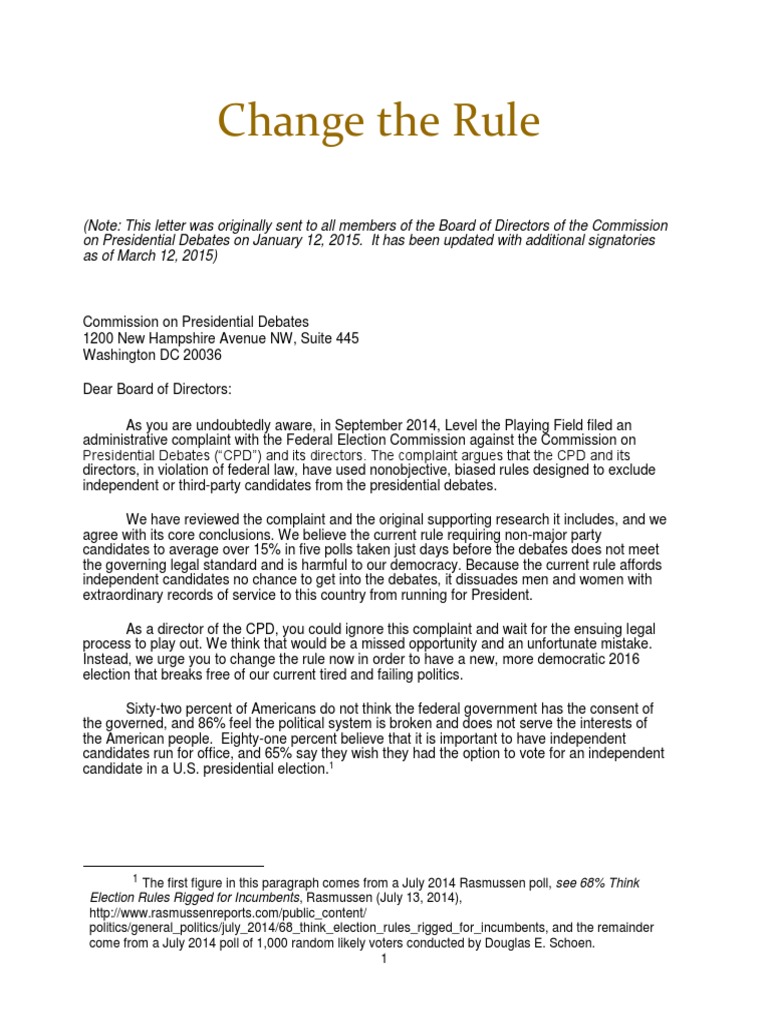 Letter From Change The Rule to Commission on Presidential Debates ...