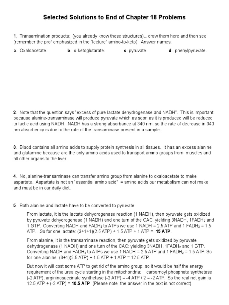 Selected Solutions To End of Chapter 18 Problems | PDF | Pyruvic Acid | Adenosine Triphosphate