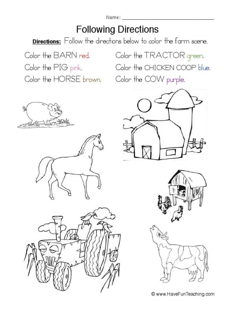 Farm Scene Following Directions Worksheet | PDF