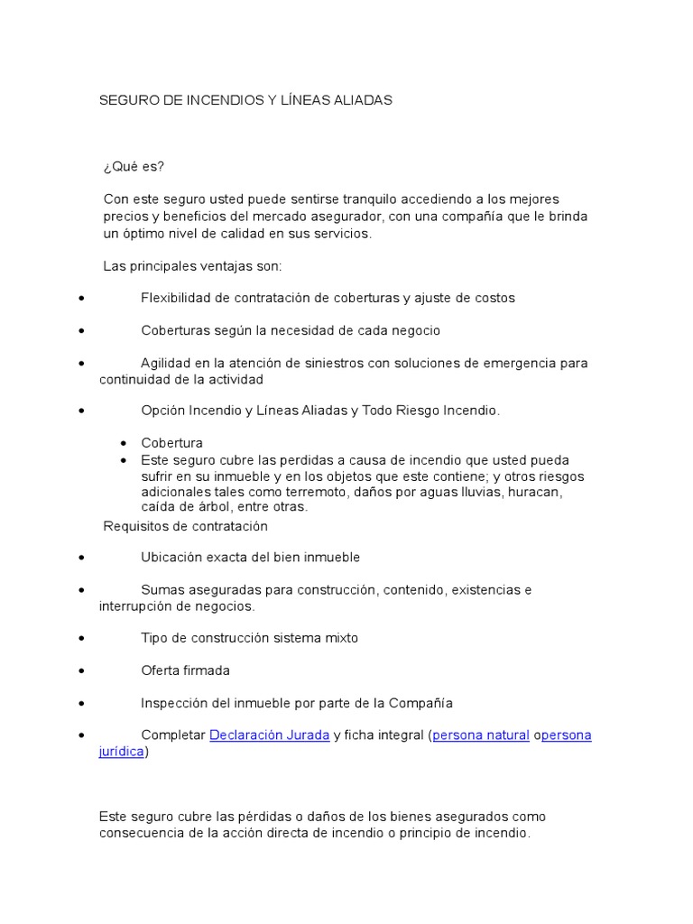 Seguro de Incendios y Líneas Aliadas | PDF | Póliza de seguros | Seguro