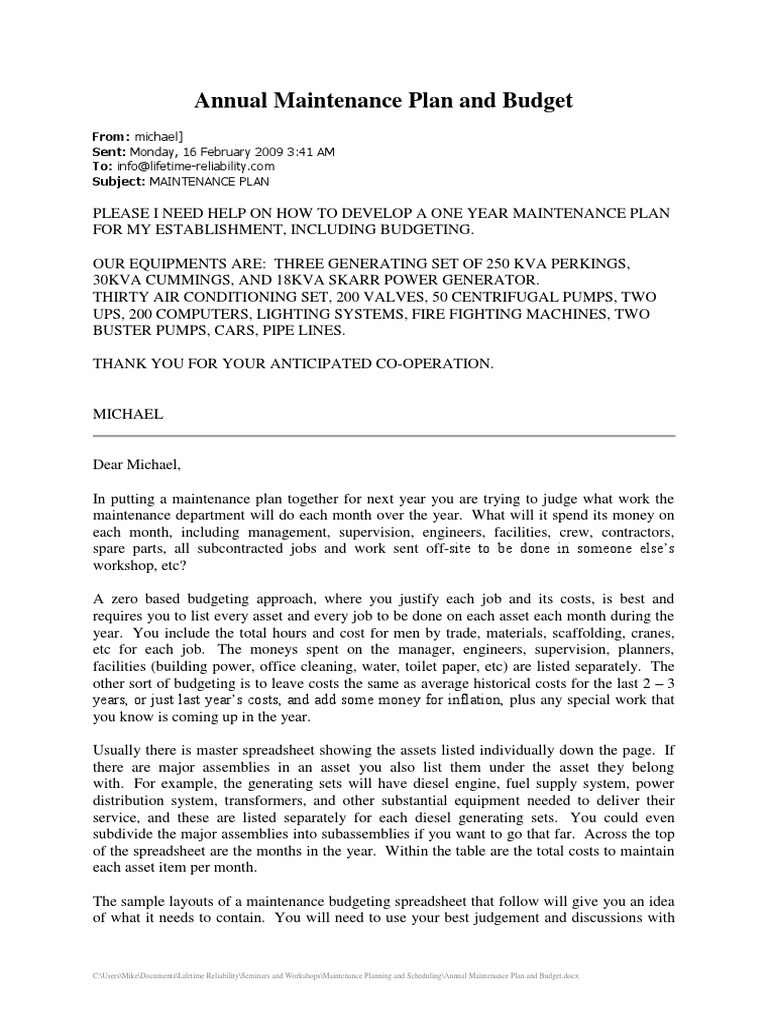 Annual Maintenance Plan and Budget | PDF | Reliability Engineering | Risk