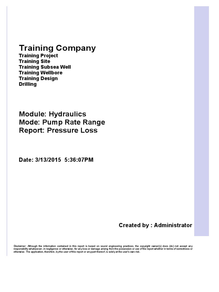 Training Company: Module: Hydraulics Mode: Pump Rate Range Report ...