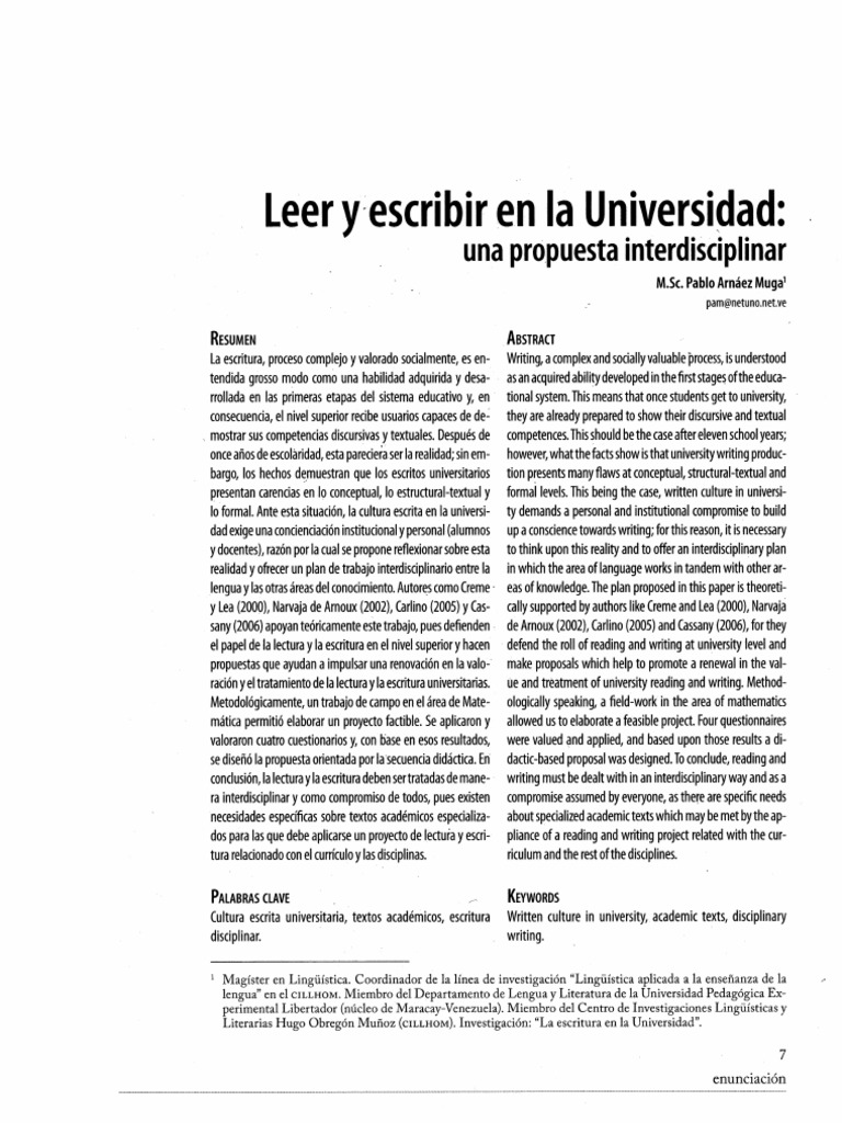 Leer Y Escribir En La Universidad Pdf Lectura Proceso Conocimiento 