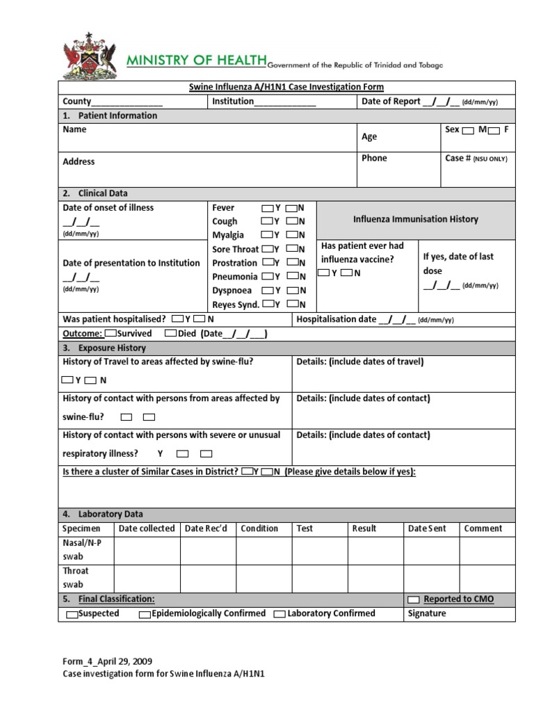 Swine Influenza A/H1N1 Case Form | PDF