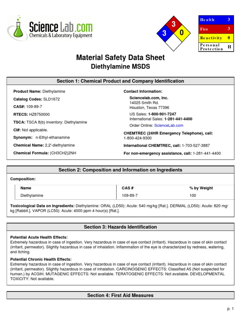 Msds Dietilamina PDF | PDF | Toxicity | Fires