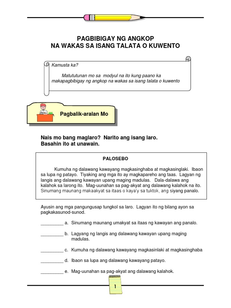 Pagbibigay NG Angkop Na Wakas Sa Isang Talata o Kuwento | PDF