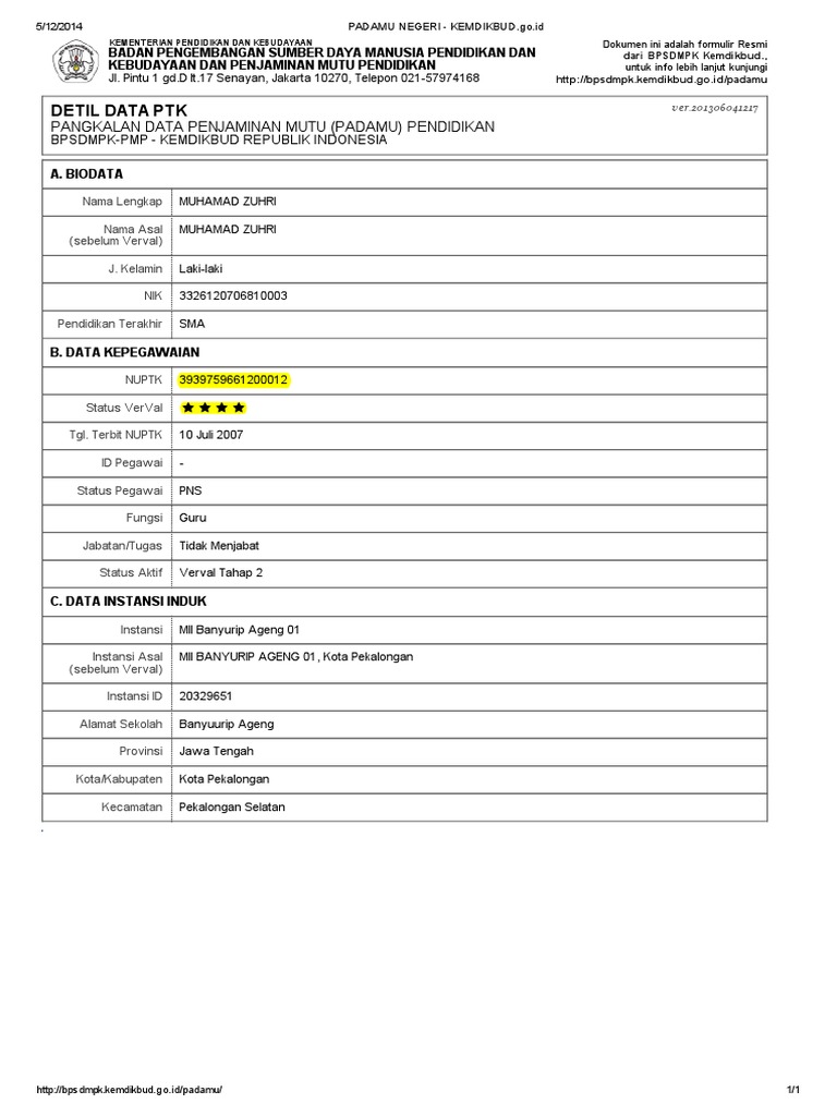Contoh Lembar NUPTK Yang Bisa Digunakan Untuk Pemberkasan | PDF