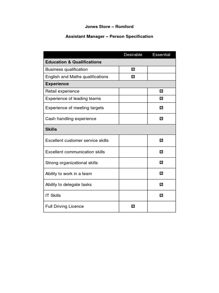 Assistant Manager Job Specs - Jones Store | PDF | Self-Improvement