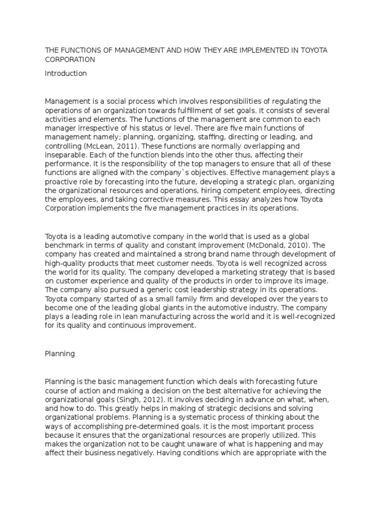 Toyota's Management Functions Explained | PDF | Strategic Management | Goal