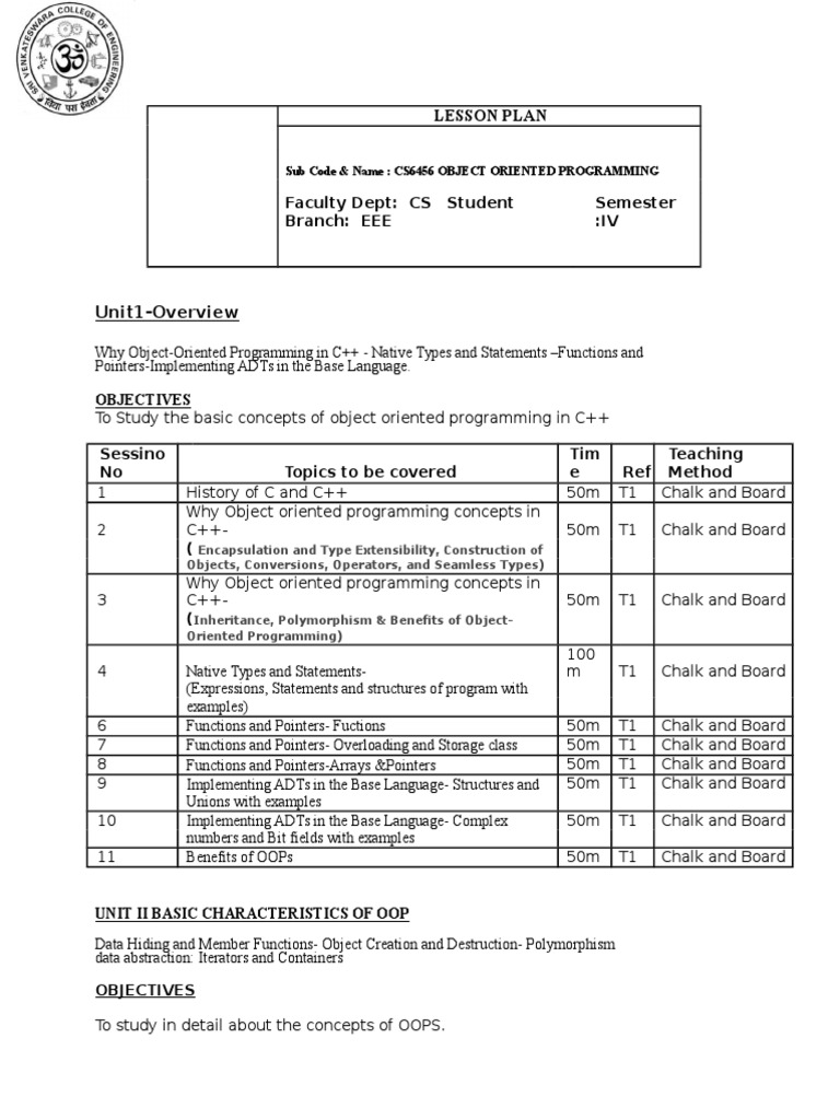Lesson Plan For Oops Pdf Method Computer Programming Object Oriented Programming