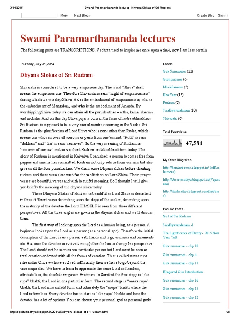 Swami Paramarthananda Lectures - Dhyana Slokas of Sri Rudram | PDF ...