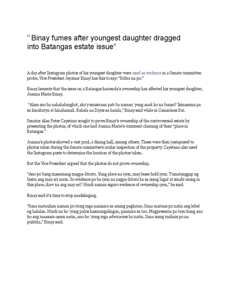 Binay Defends Daughter Amid Estate Probe | PDF
