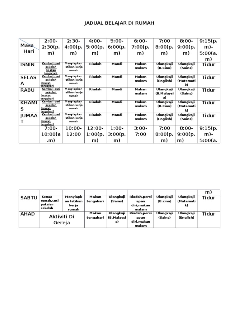 Jadual Belajar Di Rumah | PDF