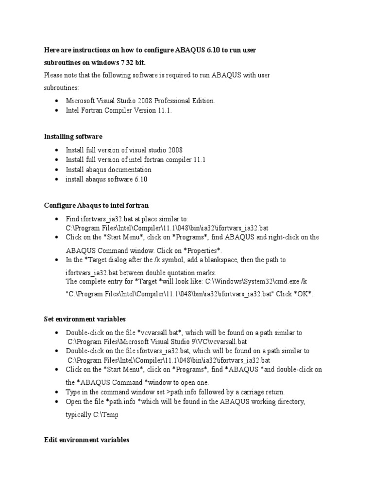 Here Are Instructions On How To Configure ABAQUS 6.10 To Run User Subroutines On Windows 7 32 ...