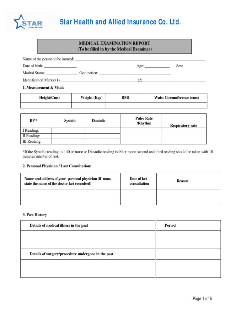 Pre Medical Examination Format (MER Form) | PDF | Physical Examination ...