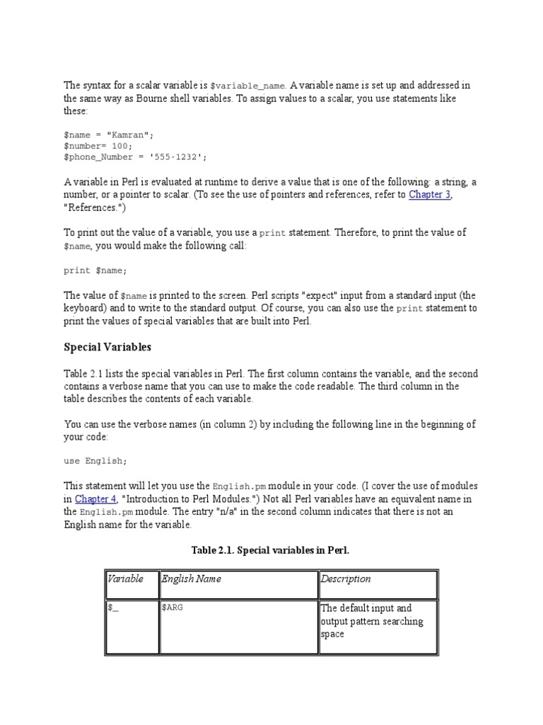 Special Variables Variable Name Pdf Perl Variable Computer Science 2928