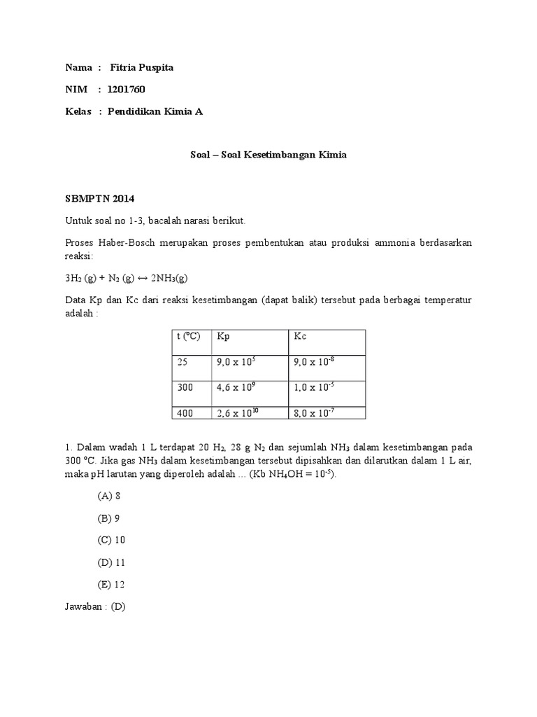 Soal Kesetimbangan Kimia | PDF