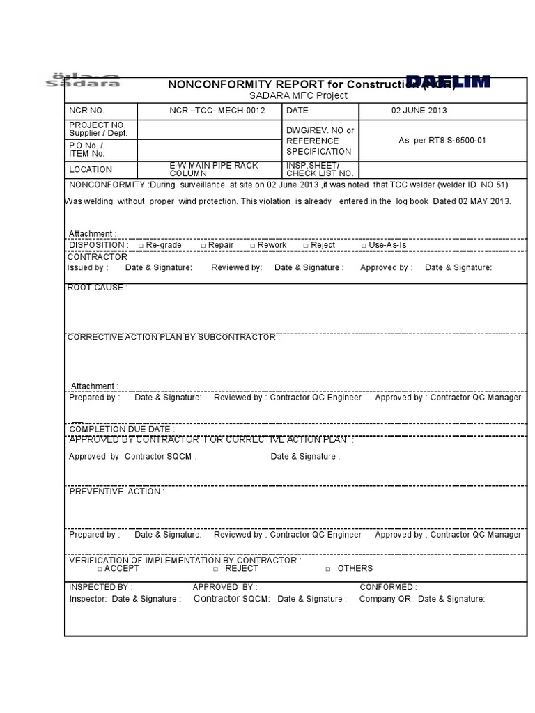 NONCONFORMITY REPORT For Construction (NCR) : SADARA MFC Project | PDF