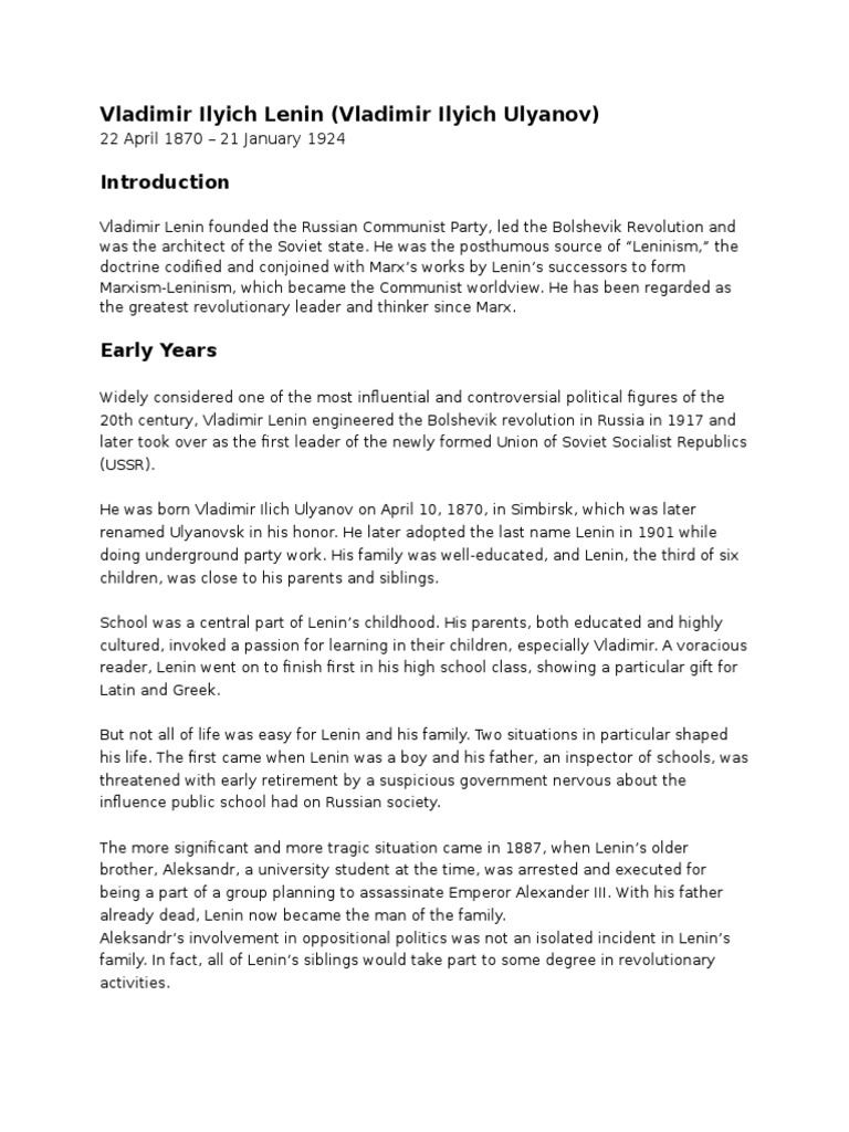 Vladimir Ilyich Lenin Biography | PDF | Vladimir Lenin | Soviet Union
