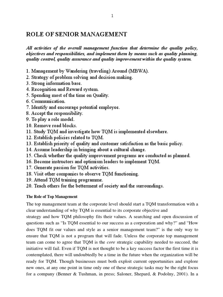Role of Senior Management. | PDF | Leadership | Goal