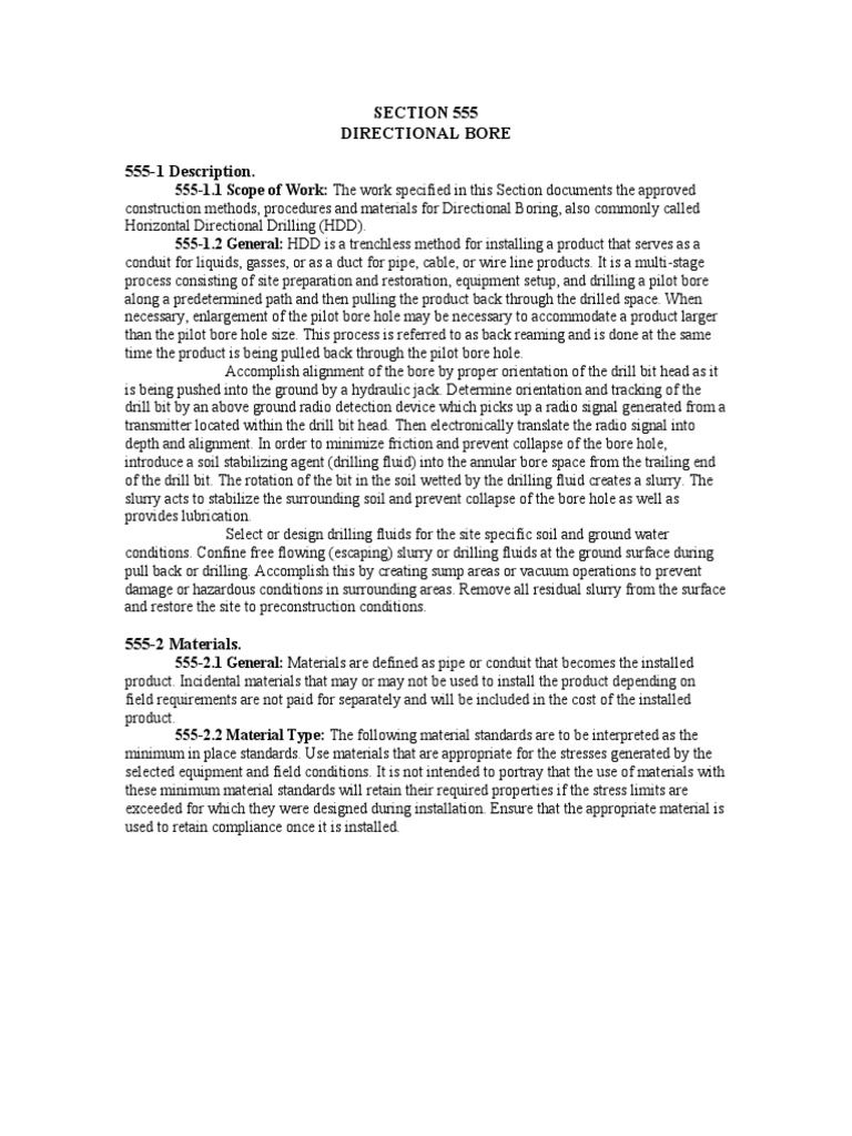 Section 555 Directional Bore 555-1 Description | PDF | Drilling ...