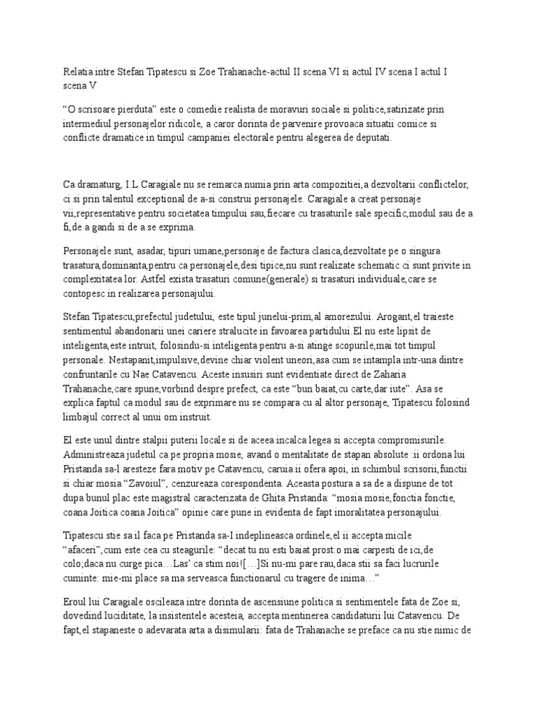 Relatia Intre Stefan Tipatescu Si Zoe Trahanache | PDF