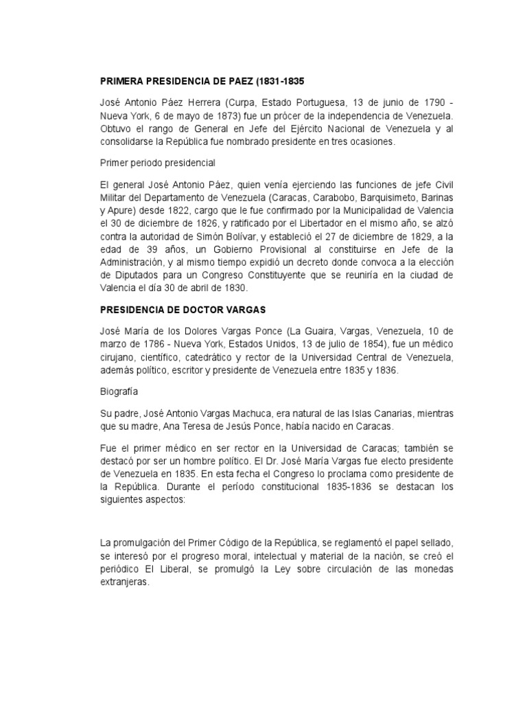 Primera Presidencia de Paez | PDF | Venezuela | Gobierno