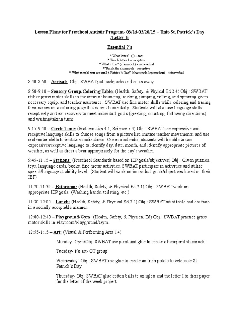 St. Patrick's Day Lesson Plans for Autism | PDF | Preschool | Lesson Plan