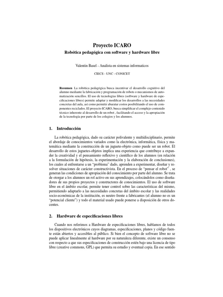 Proyecto ICARO. Robótica Pedagógica Con Software y Hardware Libre | PDF | Software libre ...