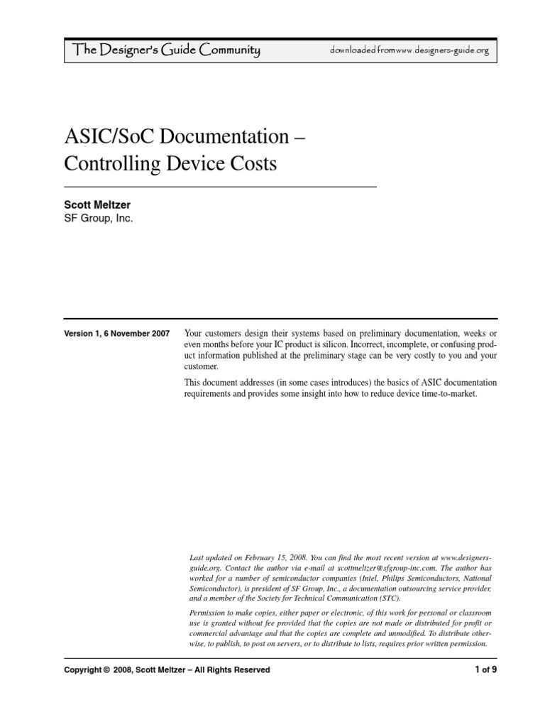 Asic/Soc Documentation - Controlling Device Costs: The Designer'S Guide ...