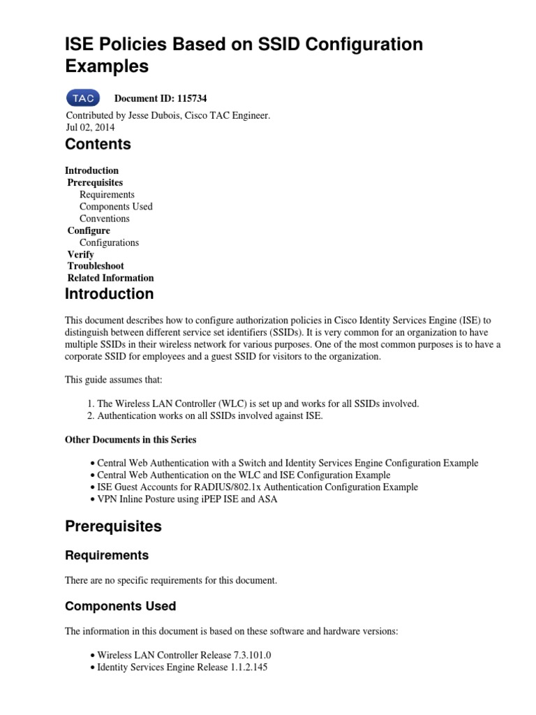 ISE Policies Based On SSID Configuration Examples | PDF | Wireless Lan ...