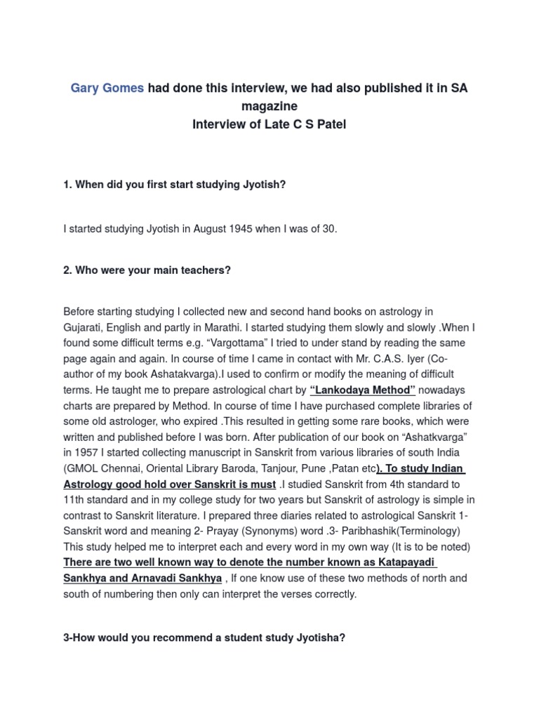 C.S. Patel Imp. Interview | PDF | Hindu Astrology | Astrology